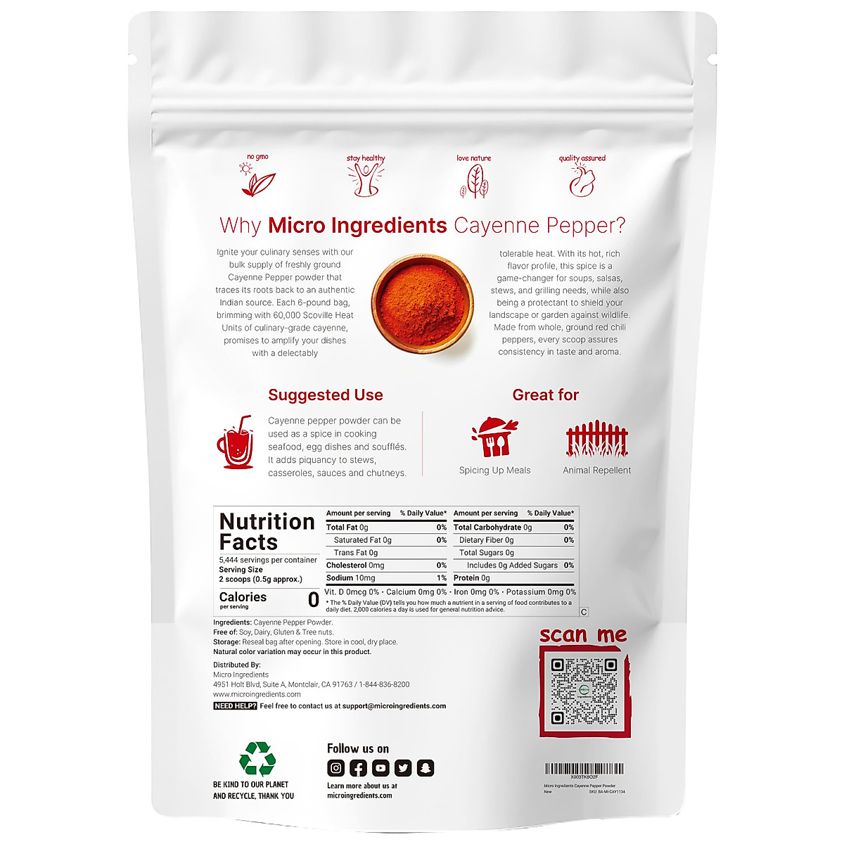 Ground Cayenne Pepper Powder, 6lbs (60,000 SHU Heat) | Premium Source for Spice & Seasoning | Garden Protection from Wildlife | Additive Free, Non-GMO, Bulk Supply