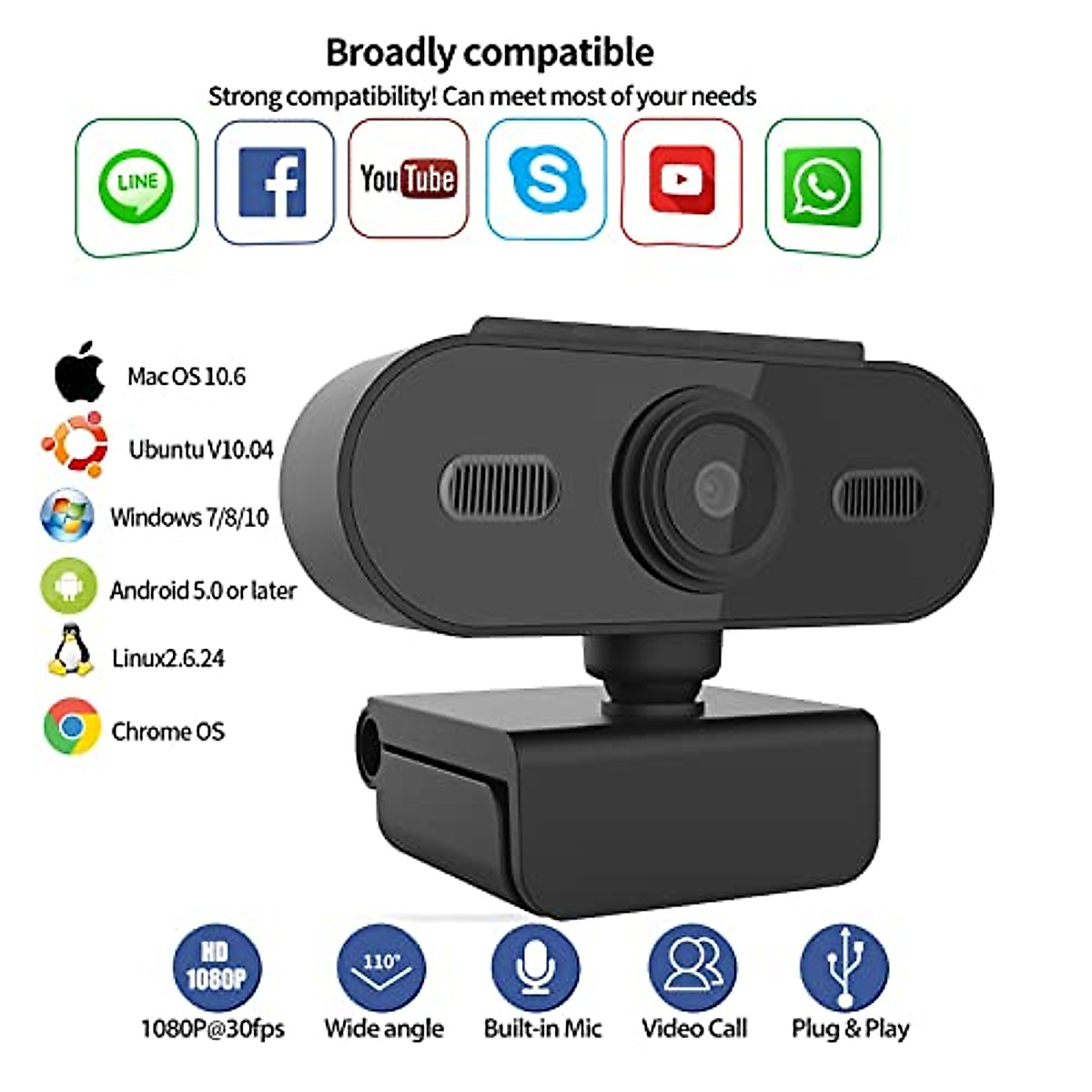 ZAUNCO Webcam 1080P Webcam, HD Webcam with Microphone USB Camera Autofocus Plug and Play Suitable for Video Conferencing Gaming Webcam
