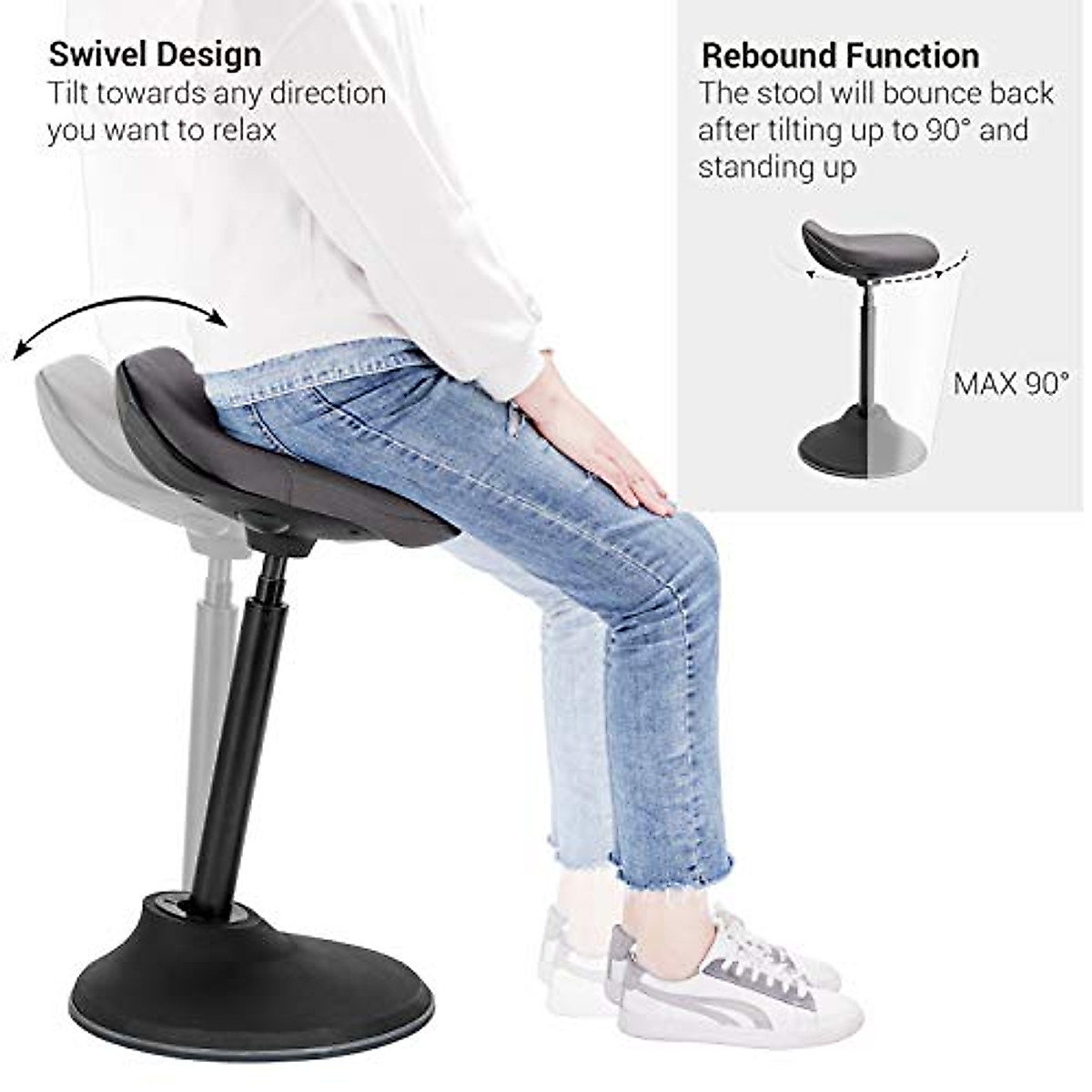 SONGMICS Standing Desk Chair, Adjustable Ergonomic Standing Stool, 23.6-33.3 Inches, Swivel Sitting Balance Chair, Anti-Slip Bottom Pad, Grey UOSC02GY