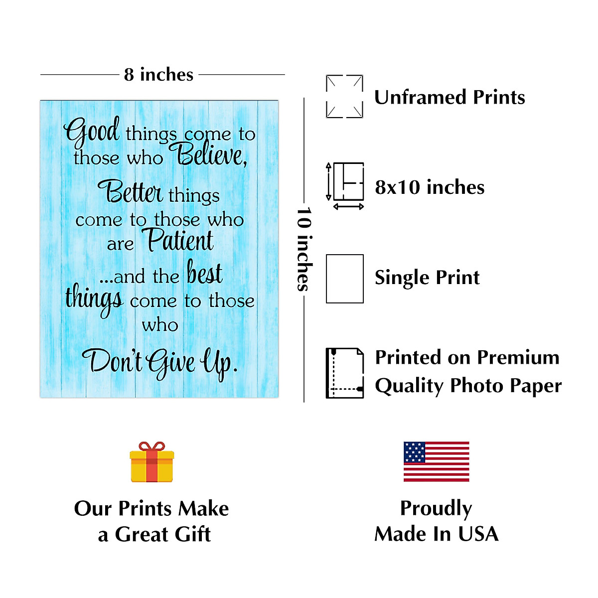 Believe, Don't Give Up - Inspirational Wall Art, Motivational Quotes Wall Print with Rustic Wood Design for Home Decor, Office Decor & Classroom Decor. Reminder to Persevere! Unframed - 8x10