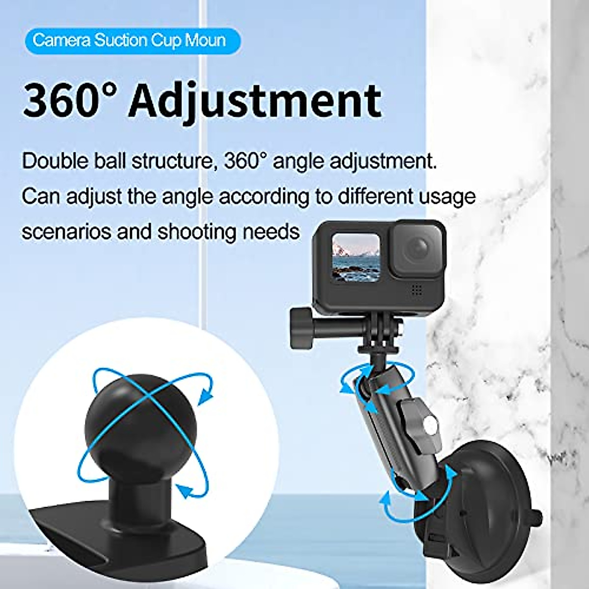 REYGEAK Suction Cup Car Mount with Phone Holder with 1/4 Thread, Windshield Dashboard Vehicle Attach for GoPro Max Mini Hero 11 10 9 8 7 6 Insta360 DJI Action AKASO Accessories(Aluminum Alloy)