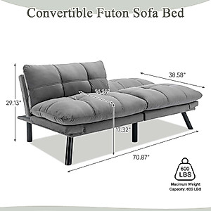 Convertible Velvet Futon Sofa Bed, Comfy 72" L Sleeper Couch with Thicker Cushion, Upholstered Modern Reclining Loveseat Folding Sofa for Small Living Room, Dorm, Apartment, Office, Light Gray