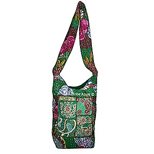 Tribe Azure Women Fashion Hobo Floral Shoulder Bag Monk Style Canvas Sling Tote Handbag Crossbody Roomy Summer Spring Chic (Green)