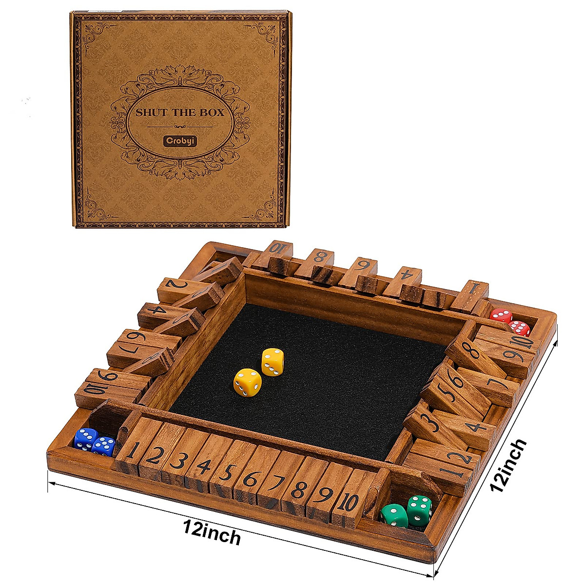 Crobyi Shut The Box Game Wooden for 1-4 Players，Educational & Fun Wooden Board Game with 10 Dice and Shut-The-Box Instructions for Kids & Family, Pub Dice Game for Adults. (12 Inches)