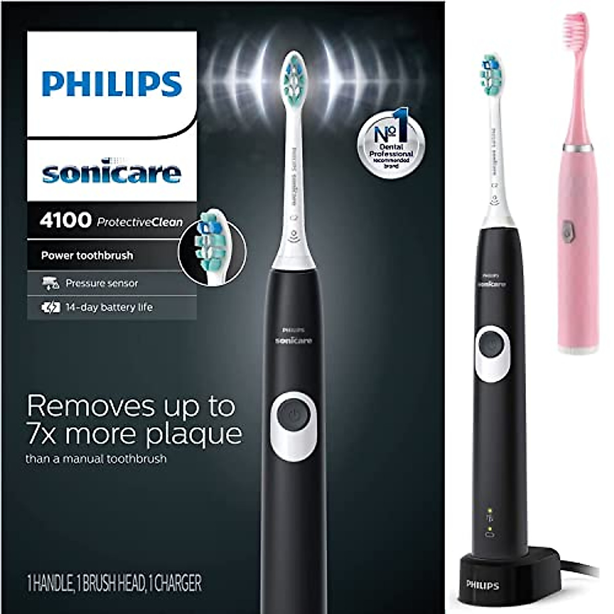 PHILIPS Sonicare ProtectiveClean 4100 Rechargeable Electric Toothbrush, Black - Plaque Control with Pressure Sensor, Up to 2 Weeks Operating Time, Broage Random Color Electric Toothbrush