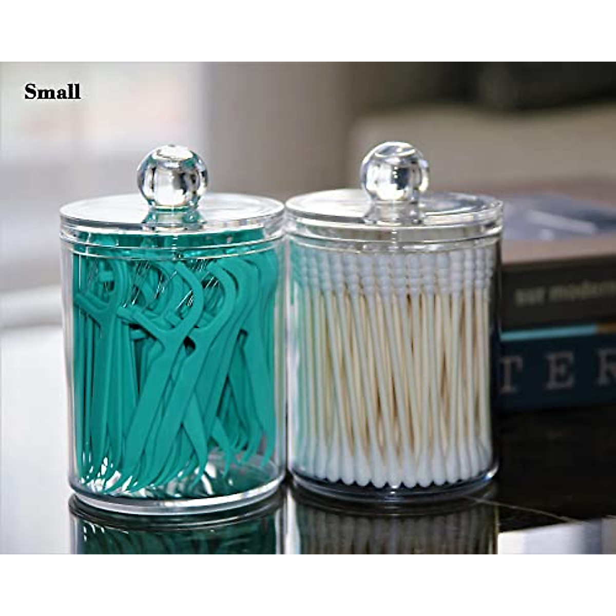 Qtip Holder Storage Organizer Set, 4 Pcs Clear Plastic Apothecary Jar with Lid, Bathroom Organizer Canister for Cotton Ball, Cotton Swab, Cotton Round Pads, Floss, Bath Bombs, Spa Salts, Powder Puffs