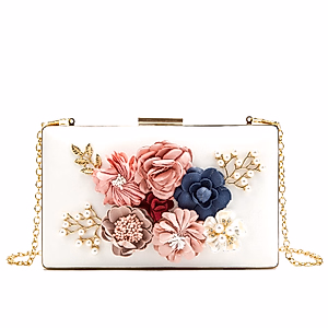 LETODE Women's Evening Bag Flower Wedding Evening Clutch Purse Bride Floral Clutch Bag Beaded Evening Shoulder Handbag (White)