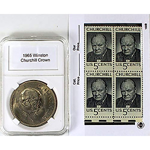 1965 UK Block Of 4 Churchill 5¢ Postage Stamps & Elizabeth II Winston Churchill Commemorative Crown About Uncirculated