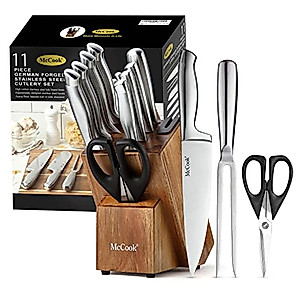 McCook® MC35 Knife Sets with Built-in Sharpener,11 Pieces German Stainless Steel Hollow Handle Kitchen Knives Set in Acacia Block