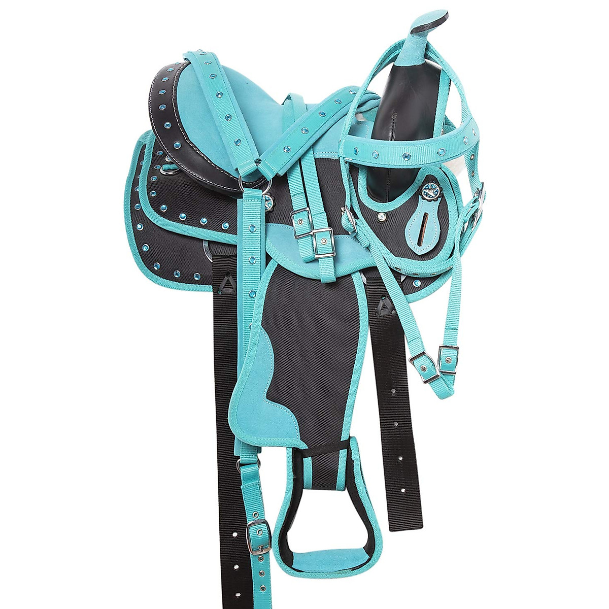 Acerugs 10" 12" 13" Synthetic Western Youth Kids SEAT Quarter Horse Saddle TACK PAD Headstall REINS Breast Collar Set (Turquoise, 12")