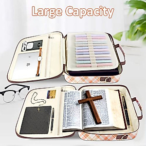 Large Bible Cover with Shoulder Strap, Bible Carrying Case with Handles, Bible Protective with Pen Slots, Bible Book Carrier Bible Accessories, Bible Case for Women, Bible Bag for Girl - Plaid