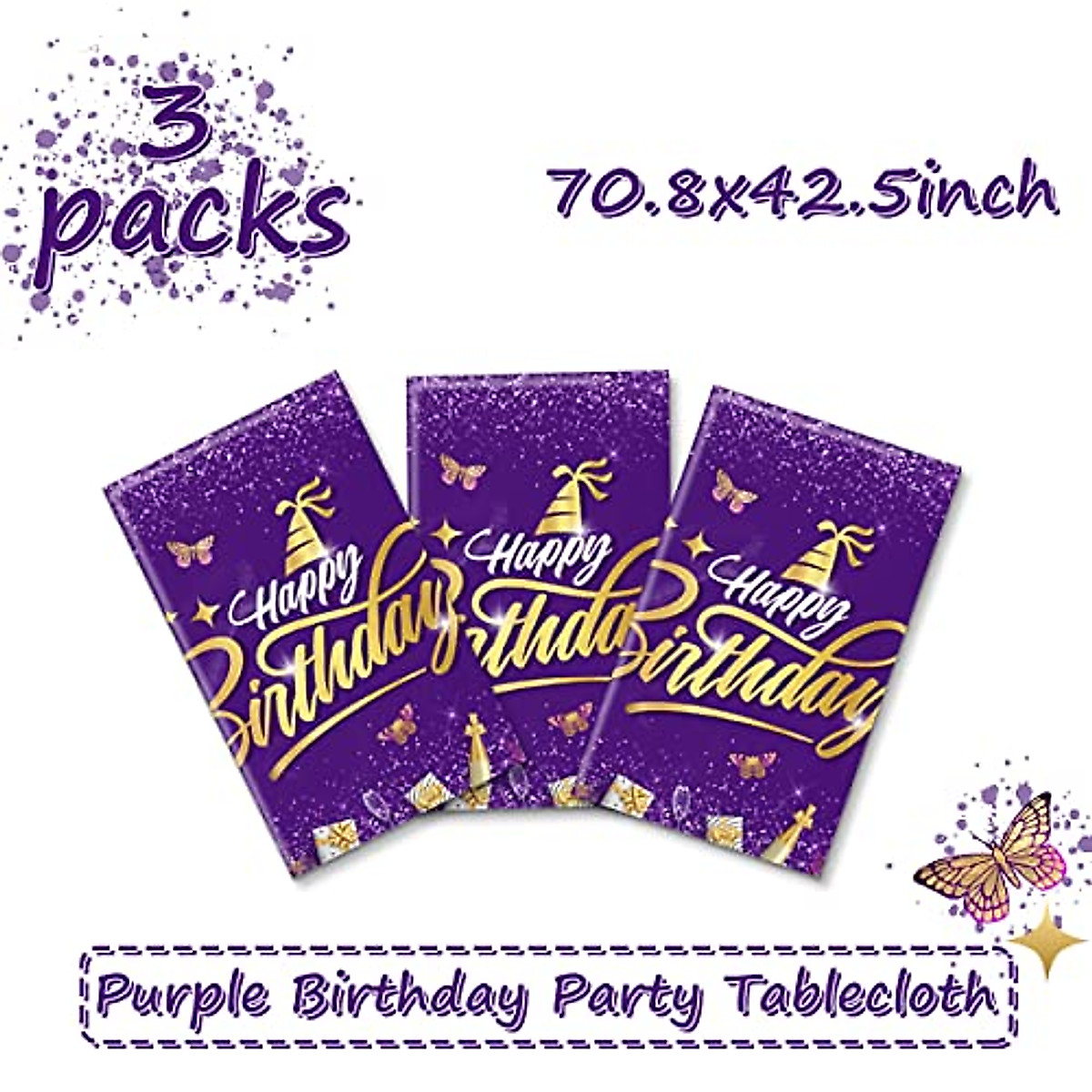 Happy Birthday Decorations-3pcs Birthday Tablecloth,Rectangle Plastic Disposable Birthday Table Covers Party Decoration for Men Women 90th 80th 70th 60th 50th 40th 30th Birthday (Purple)