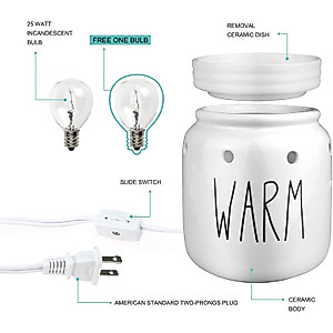 STAR MOON Rae Dunn Wax Warmer Wax Melt Warmer for Rae Dunn Inspired Decor Mason Jar Wax Warmer with Removable Dish, One More Bulb, Home Fragrance Home Decor, Glossy White (Warm)