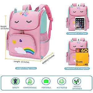 15 inch Cute Unicorn School Backpack for Girls, Lightweight Kids School Bag BookBags Elementary Primary with Chest Straps (Pink)