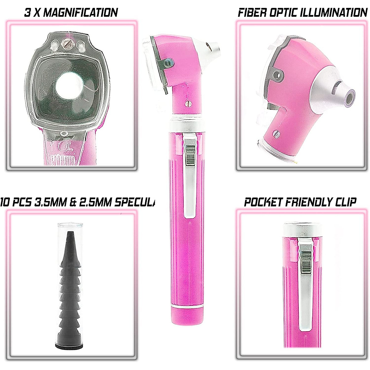 OdontoMed2011 'Mini Fiber Optic Otoscope Light Pink (Pocket Size) ENT Diagnostic Set + 1 Extra Free Bulb Quality Instruments