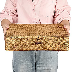 Hipiwe Flat Woven Wicker Basket Bins with Lid X-Large Natural Seagrass Storage Basket Box Multipurpose Household Basket Bins Boxes for Shelf Wardrobe Organizer, Caramel