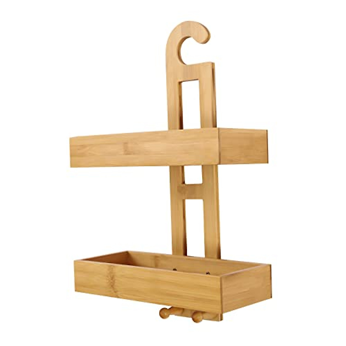 Mgorgeous Bamboo Hanging Shower Caddy, Natural & Waterproof Bamboo Shower Rack w/ 2 Storage Baskets & 2 Hanging Hooks, 2-Tier Bathroom Shower Organizer Holder for Shampoo, Conditioner, Soap