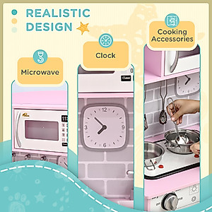 Qaba Pretend Play Kitchen Toy Set for Kids with Realistic Design, Stove Lights, Storage, Water Dispenser, for 3-6 Years Old, Pink