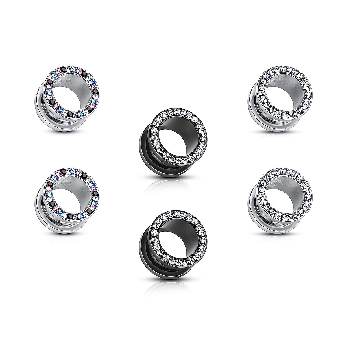 WBRWP Unisex Women and Men 6pcs/3pairs Hollow Zircon Stainless Steel Screw Ear Plugs Tunnels with ZirconEar Plugs Tunnels - Ear Expander - Ear Gauges Stretcher Body Piercing 00g(10mm)