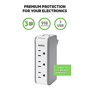 Belkin Wall Mount Surge Protector - 3 AC Multi Outlets & 2 USB Ports - Flat Rotating Plug Splitter - Wall Outlet Extender for Home, Office, Travel, Computer Desktop & Phone Charger - 918 Joules