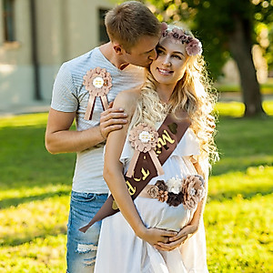 5 Pcs Maternity Sash Kit Mom to Be Daddy to Be Corsage Pins Flower Crown Belly Belt Pregnancy Sash for Bear Theme Baby Shower Decorations Pregnancy Parents Props Keepsake Gifts Party Favors (Brown)