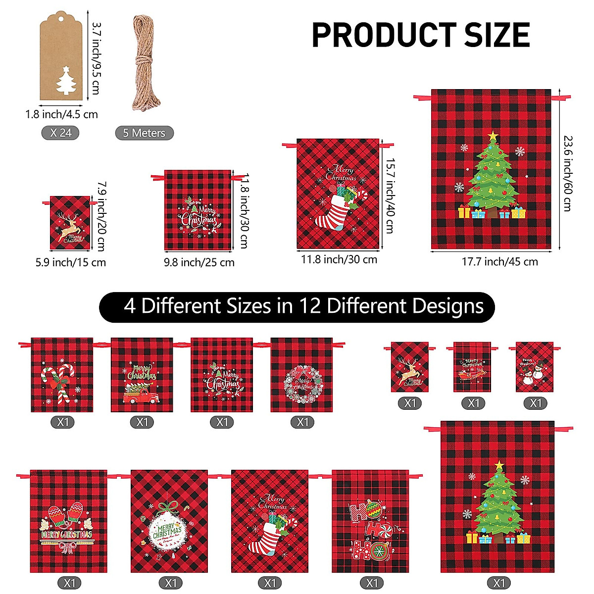 Aneco 12 Pieces Christmas Drawstring Gift Bag with Drawstrings Red and Black Buffalo Plaid Fabric Bag with Drawstring Cotton Xmas Candy Bags with 24 Tags Rope, Assorted Sizes