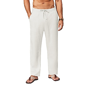 COOFANDY Mens Linen Loose Pants Lightweight Elastic Waist Summer Trouser Yoga Beach Pant with Pockets White Small