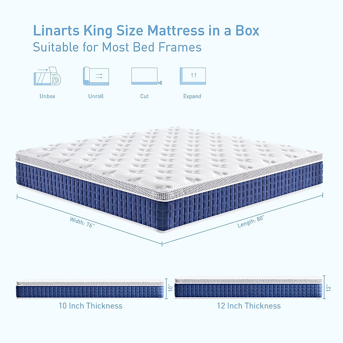 LINARTS King Mattress, 12 Inch King Size Hybrid Mattress in a Box with Pocket Spring & Soft Knitted Fabric for Comfort, Motion Isolation, Pressure Relief, Edge Support, Improve Sleep, Medium Firm