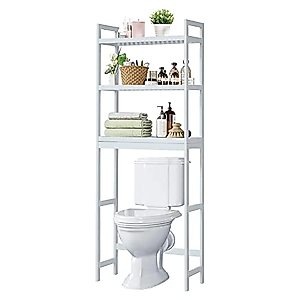 Elepude Over The Toilet Storage Storage Cabinet Rack, 3-Tier Bamboo Bathroom Organizer with Adjustable Shelves,Multifunctional Storage Rack Space-Saving and 6 Hooks,White