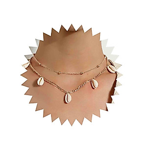 Yheakne Boho Layered Shell Necklace Choker Gold Cowrie Shell Choker Necklace Dangle Seashell Choker Vintage Layering Necklace Chain Jewelry for Women