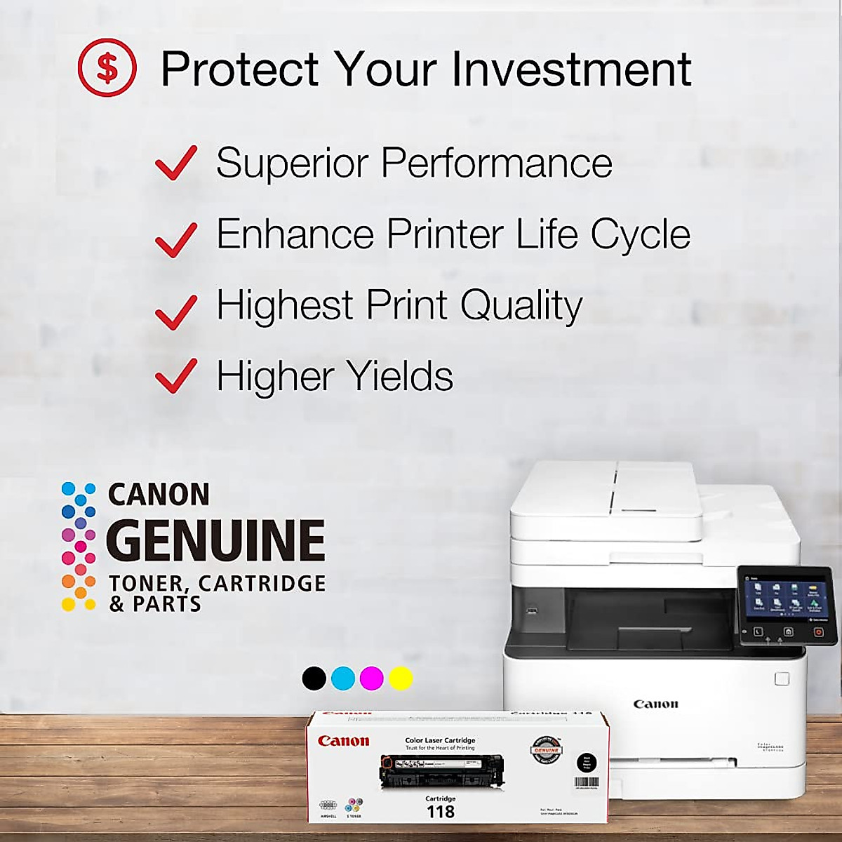 Canon Genuine Toner Bundle 118 2660B021 4 Pack 1 Each: Cyan Magenta Yellow Black for Canon Color imageCLASS MF8350Cdn MF8380Cdw MF8580Cdw MF729Cdw MF726Cdw LBP7200Cdn LBP7660Cdn Laser Printers