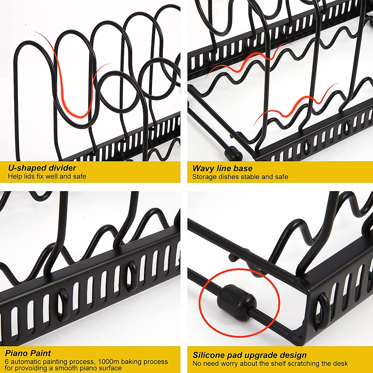 Pots and Pans Organizer Lid Organizer Dishes Bakeware Storage Rack Expandable Black Rack Holder with 10PCS Adjustable Compartment for Kitchen Cabinet Cupboard Drawer Counter