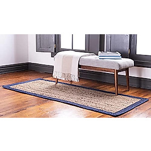 Agro Richer Rug Beige Blue Border Jute Hand Braided Rectangle Shape Home Living Room Living Room Farmhouse Carpet Rag Rug (180 x 240 Cm (6x8 Feet))