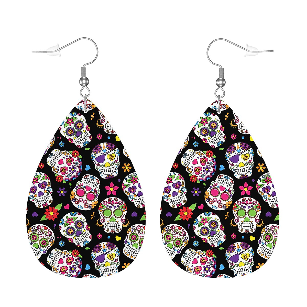 Zokola Day Of The Dead Leather Drop Earrings Set, Mexican Sugar Skull Flowers Black Lightweight Teardrop Earrings Leather Dangle Earrings For Women Friends Wedding Jewelry