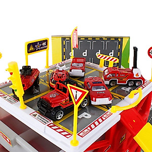 WISHTIME Parking Lot Car Garage Playset Matchbox Cars playsets,Vehicle Toy Fire Car Storage Box Toys Set Educational Gift with 6 Fire Trucks, Ramps, Traffic Signs for Kids
