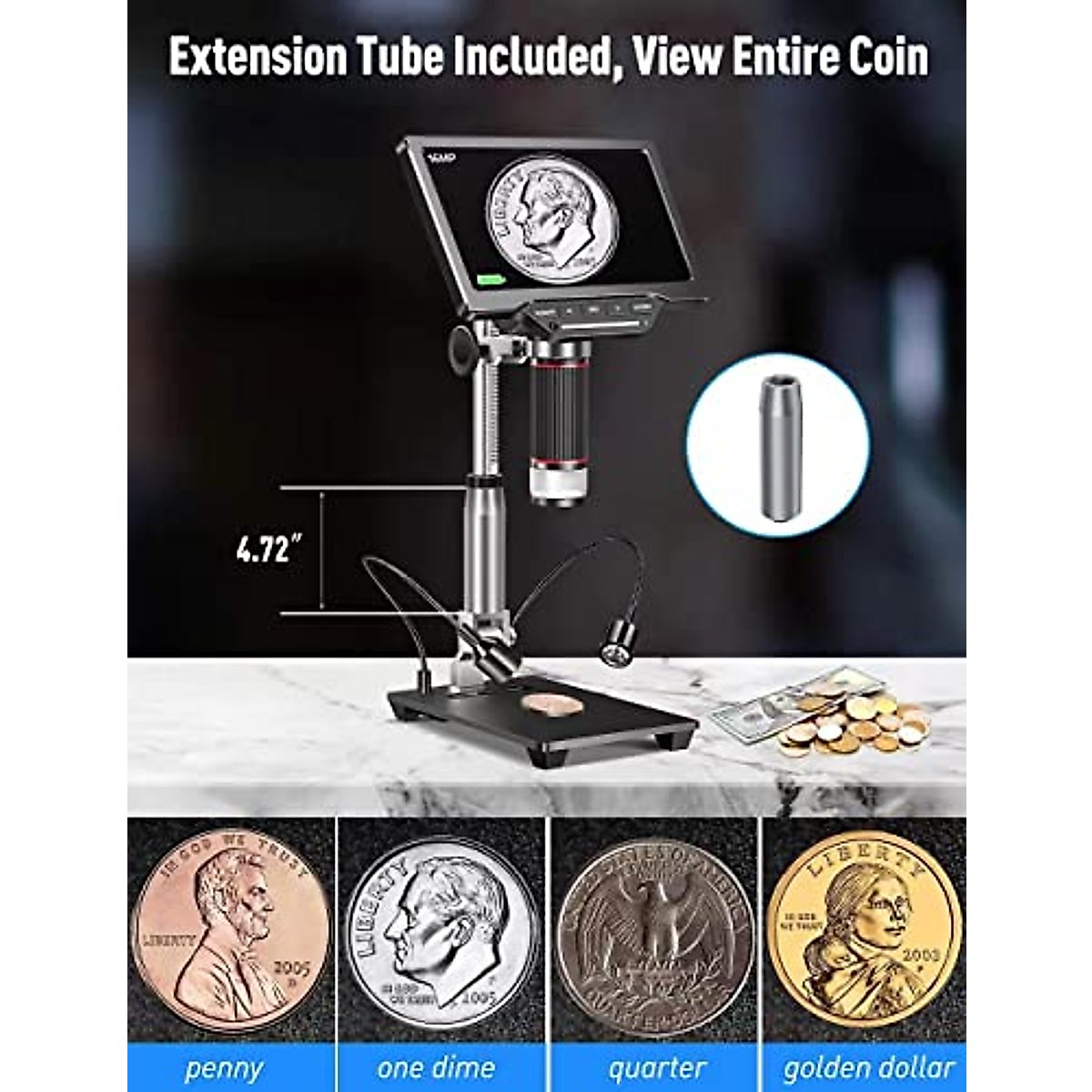 Dcorn 10" HDMI LCD Digital Microscope 1500X,Coin Microscope for Adults with 16MP Camera Sensor,Soldering Microscope with LED Lights Touch Control,TV/Windows/Mac Compatible,Gift with Coin Guidebook