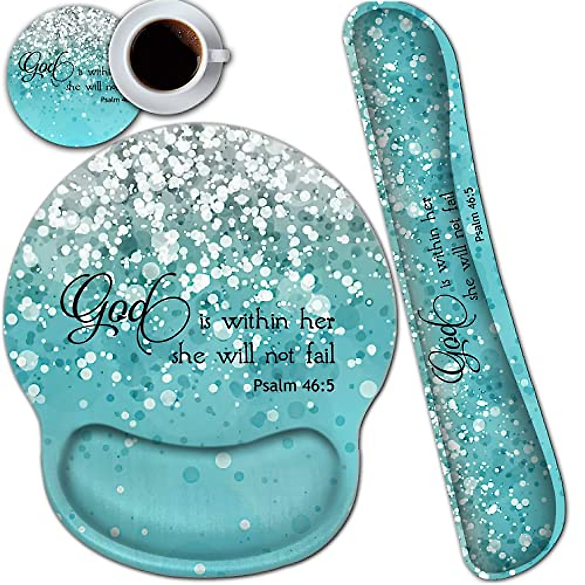 Ergonomic Mouse Pad with Gel Wrist Rest Support, Comfortable Memory Foam Keyboard Wrist Rest Easy Typing, Anti-Slip Keyboard Desk Pad for Office, Psalm 46:5 Blue Glitter Pattern Gaming Mouse Mat