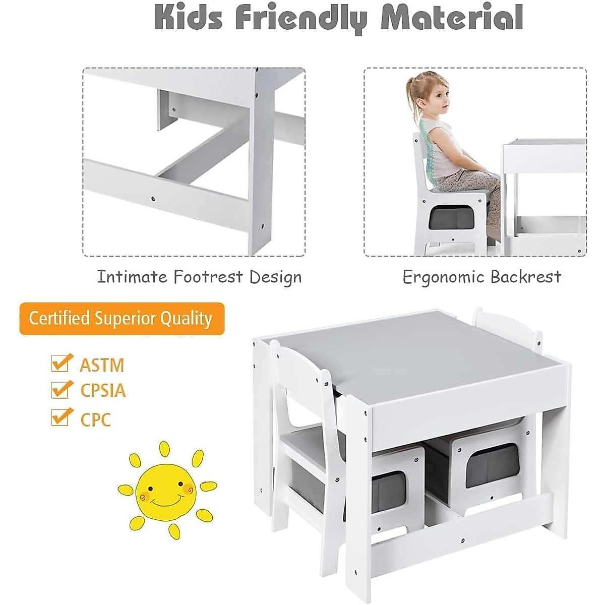 Fireflowery, 3-in-1 Wooden Activity w/Storage Drawer & Detachable Blackboard, 3-Piece Square Children Art Desk, Toddler Table&Chairs Kids Table and Chair Set, Large, Grey