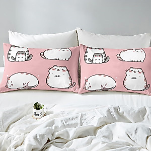 Feelyou Kids Cat Comforter Cover Girls Cute Pet Cats Pattern Bedding Set Cartoon Kitten Print Duvet Cover for Children Boys Microfiber Lovely Animal Bedspread Cover Room Decor Bedclothes Twin Size
