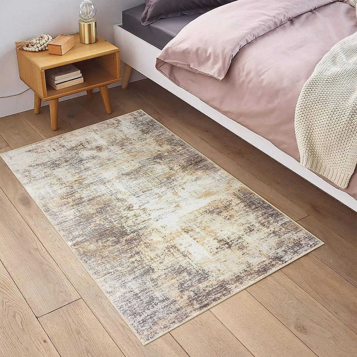 IOHOUZE Small Abstract Area Rug 2x3 Ft Entryway Rug Washable Door Mat Indoor Entrance, Non Slip Throw Rug, Printed Faux Wool Front Door Rug for Foyer Kitchen, Beige Brown