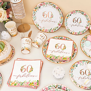 Crisky 60th Birthday Napkins and Plates for Women Rose Gold Floral Party Decoration, 60 and Fabulous Plates and Napkins for Women 60th Birthday.
