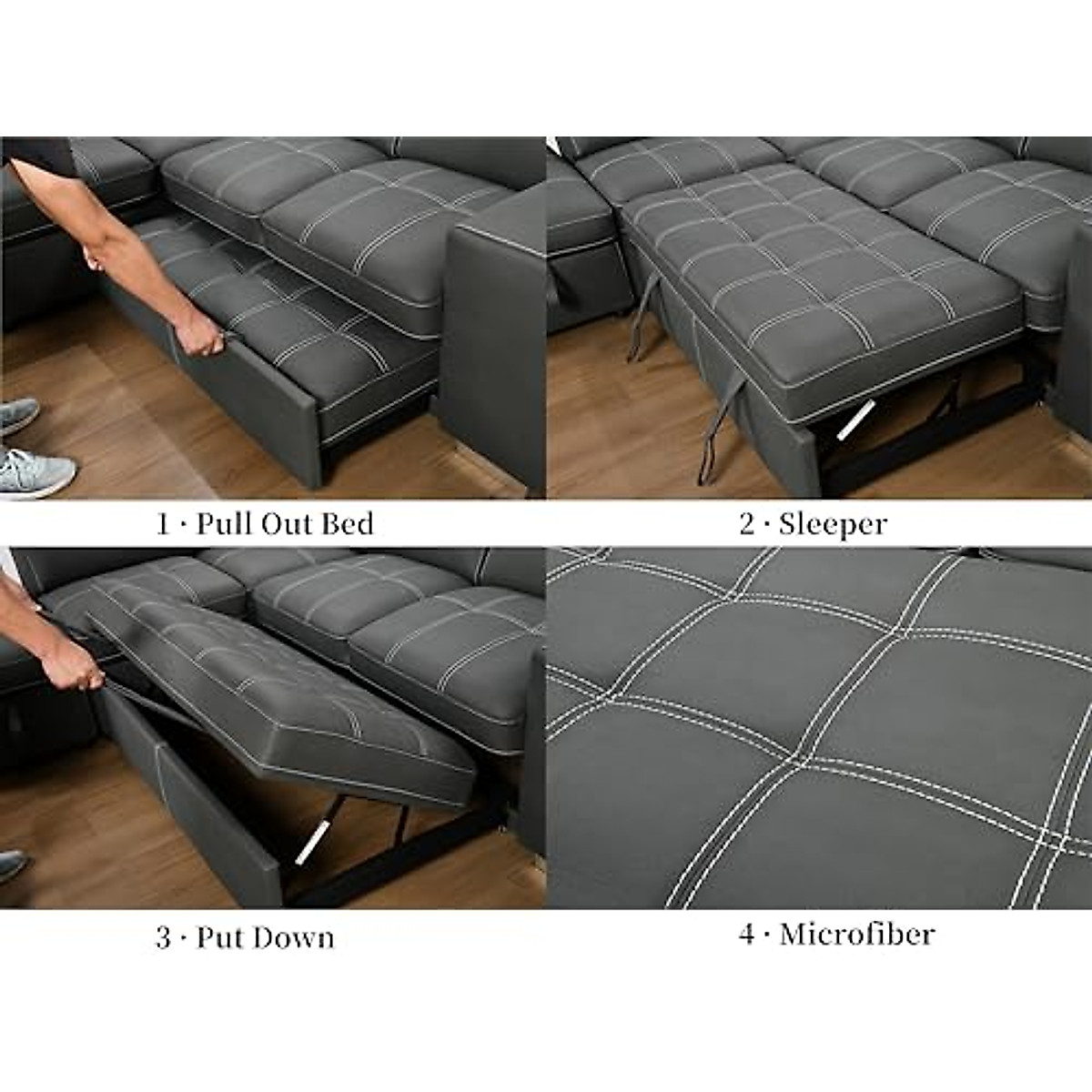 THSUPER 104'' Microfiber Sectional Sleeper Sofa with Pull-Out Bed, Sofa with Chaise & Storage Ottoman. 5 Seater L-Shaped Couch with Adjustable Headrest and Stools. Charcoal Grey