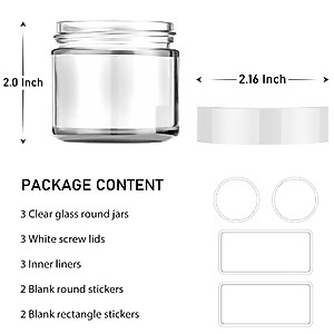 Tecohouse Small Glass Containers with Lids, 2 oz Glass Jars with White Lids & Inner Liners, Cosmetic Travel Toiletries Container for Slime, Makeup, Cream, Lotion, Food Storage 3 pack