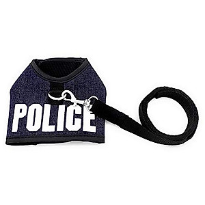 SMALLLEE_LUCKY_STORE Police Print Soft Mesh Denim Cat Harness and Leash Set for Walking Escape Proof Adjustable No Pull Choke Boy Small Puppies Kitten Rabbit Dog Harness Vest, Dark Blue L