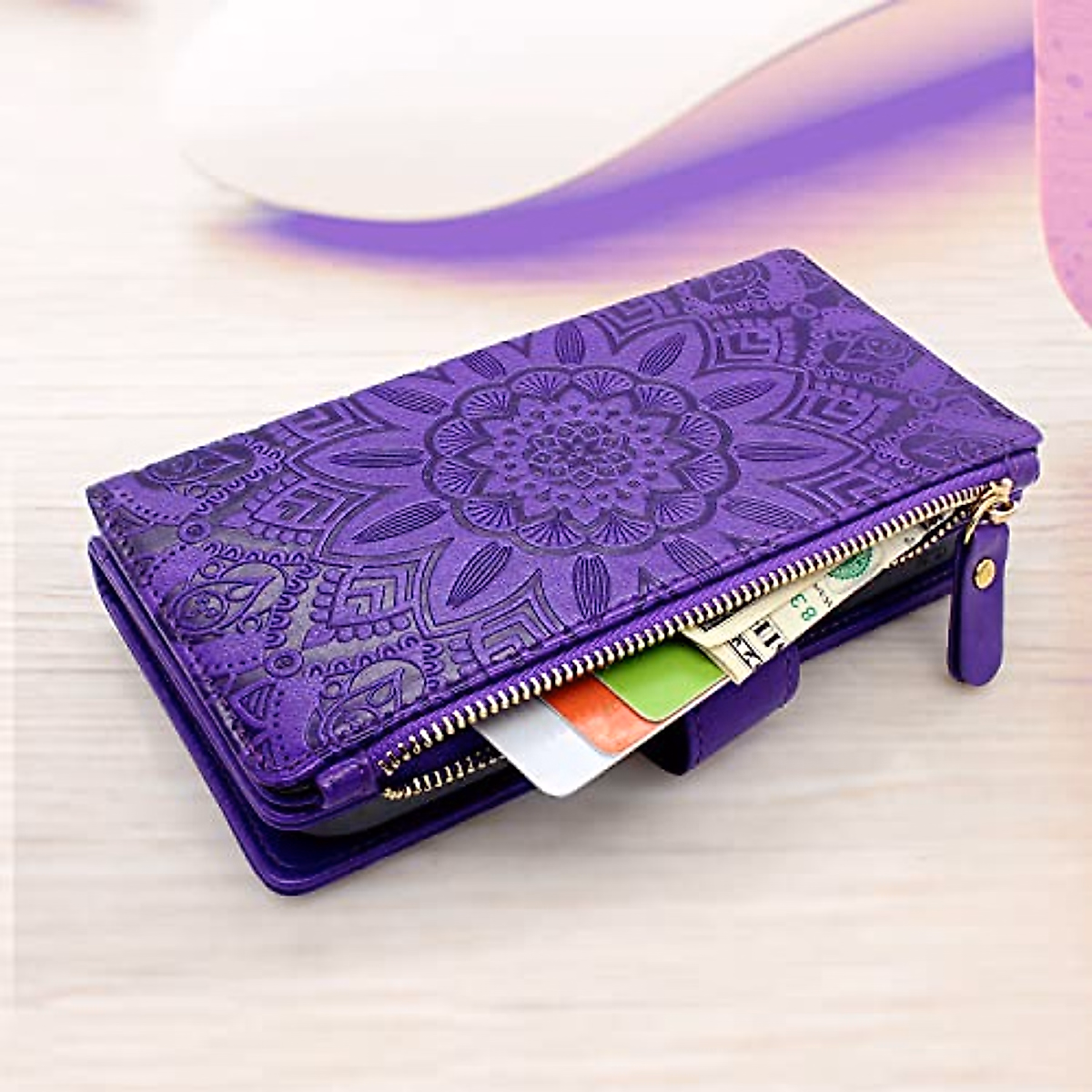 Harryshell Detachable Magnetic Zipper Wallet Leather Case with Cash Coin Pocket 12 Card Slots Holder Wrist Strap Lanyard for Samsung Galaxy S23 Ultra 5G (2023) (Flower Purple)