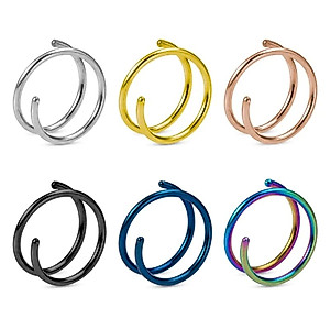 Double Nose Ring Hoops for Single Piercing Double Hoop Nose Ring 20 Gauge 8mm for Single Piercing Double Nose Ring Hoop Double Loop Spiral Nose Rings for Women Girls (20 Gauge 8mm, 6 Mixed Color)
