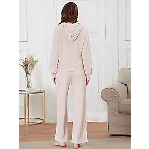 YKR Womens Loungewear Set 2 Piece Waffle Knit Lounge Sets Hooded Top and Wide Leg Pant Sweatsuits with Pockets Beige L