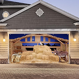 Preboun Christmas Nativity Garage Door Banner Cover Nativity Stable Scene Backdrop Banner Farm Barn Backdrop Christmas Banner Western Photo Backdrop Outdoor Xmas Holiday Winter Party Decor (8 x 16 FT)