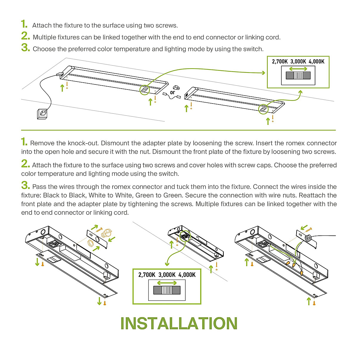 ASD LED Under Cabinet Lighting 24 Inch, Dimmable, Hardwired or Plug-in Installation, 3 Color Levels- 2700K/3000K/4000K, Linkable Kitchen Under Counter Lighting, ETL & Energy Star, White Finish