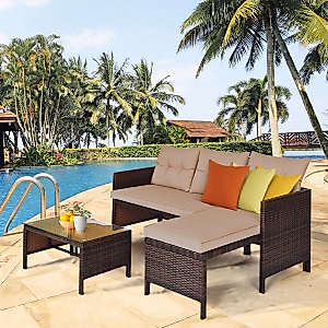 HAPPYGRILL 3-Piece Outdoor Rattan Sectional Sofa Set Patio Wicker Rattan Conversation Furniture Set, Steel Frame & Seat Cushion, Perfect for Garden Lawn Pool Backyard